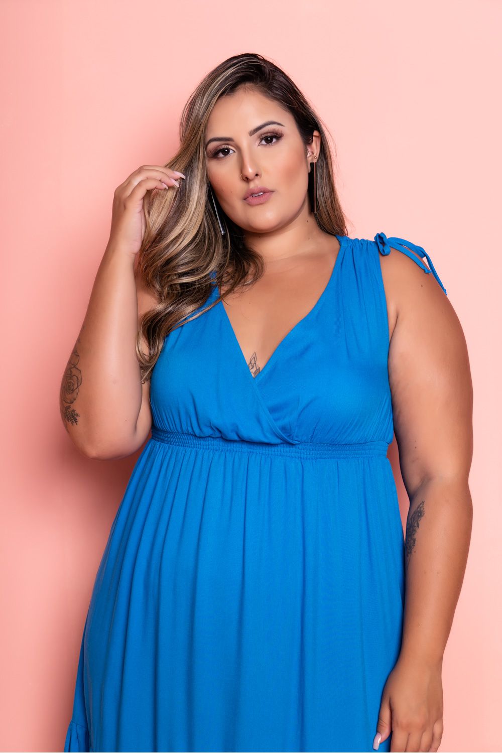 Vestido Longo Mel Azul Plus Size Maria Rosa Chic E Elegante